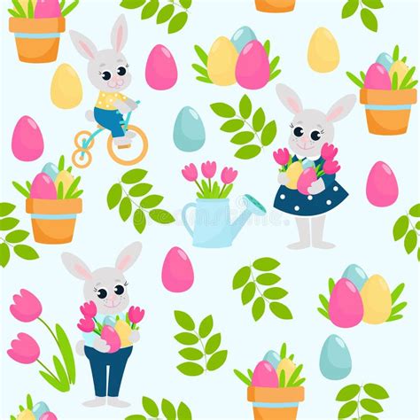 Seamless Easter Pattern Easter Bunnies A Boy And A Girl Among