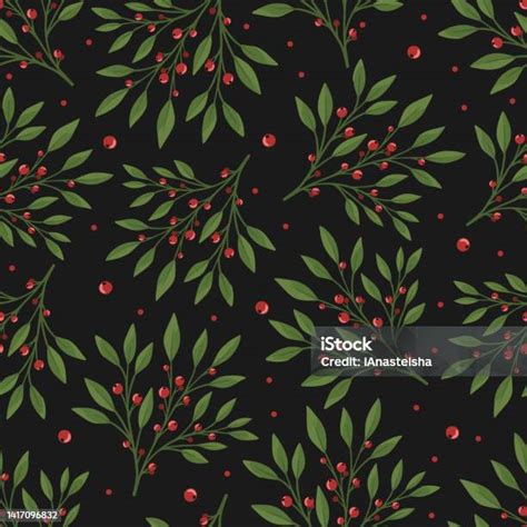 녹색 잎과 빨간 열매가있는 이음새가 없는 꽃무늬 섬유 벽지 포스터에 적합합니다 0명에 대한 스톡 벡터 아트 및 기타 이미지 0명 겨울 꽃 식물 Istock
