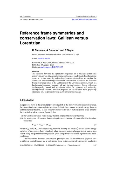 Pdf Reference Frame Symmetries And Conservation Laws Galilean Versus