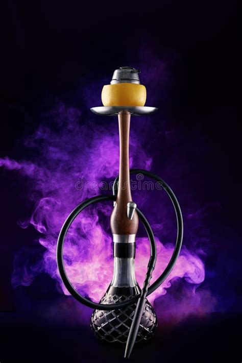 Shisha With Fruit Bowl With Colorful Smoke In Hookah Bar Closeup Stock