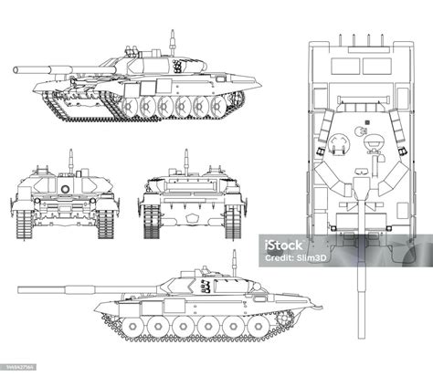 흰색 배경에 격리된 검은색 선에서 전투 탱크의 윤곽을 설정합니다 전면 측면 상단 후면보기 3d 벡터 그림입니다 전경에 대한 스톡