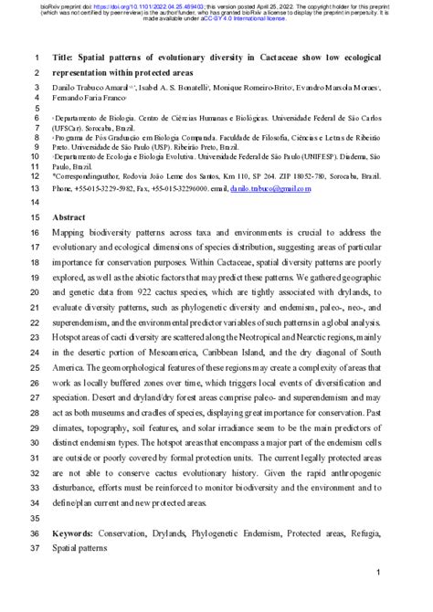 Pdf Spatial Patterns Of Evolutionary Diversity In Cactaceae Show Low