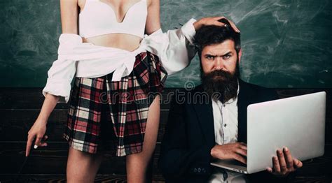 Desirable Student Breasts Sex Education Sex Role Game Guy Laptop Erotic Video Stock Photo