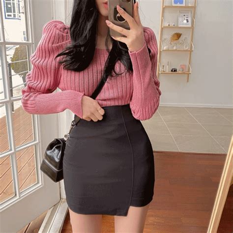 클레어 셔링 스퀘어 퍼프 슬림핏 니트 블랙베이지소라올리브핑크오렌지퍼플 에이블리