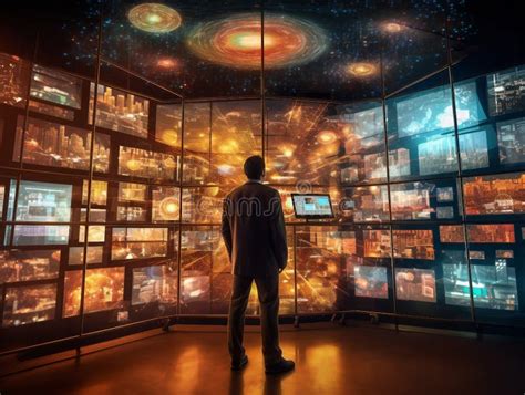 Digital Data Analysis In A Futuristic Control Room With Multiple Screens And A Person Analyzing
