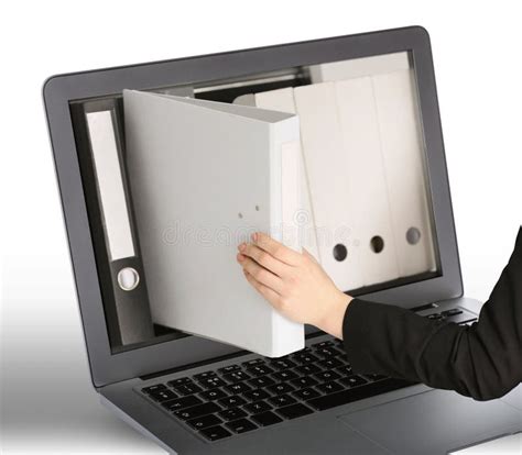 Digital Archive Woman Taking Folder Right From Laptop Screen Closeup Stock Image Image Of