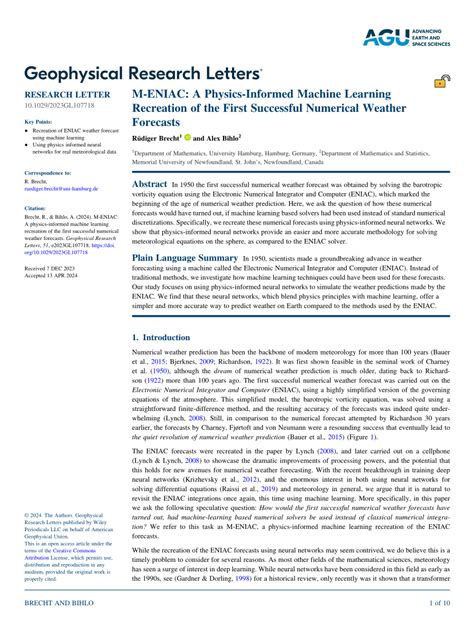 Pdf M‐eniac A Physics‐informed Machine Learning Recreation Of The First Successful Numerical