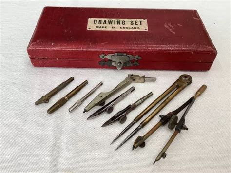 Vintage Drawing Set Box And Instruments Compass Divider And Accessories