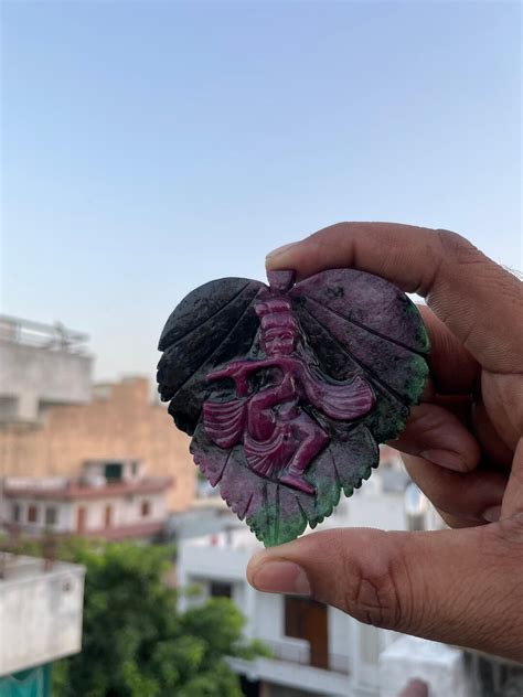 Ruby Gem Stone Lord Krishna On Leaf Carved T Showpiece Very Different Unique Art Rare Product