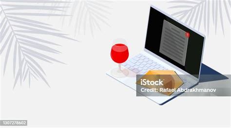 노란색 전자 메일과 레드 와인 한 잔과 3d 흰색 노트북 등분성 메일 벡터 그림입니다 편지를 보내고 받는 다 공지가 있는 투명한 문서 3차원 형태에 대한 스톡 벡터 아트 및