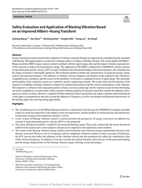 Safety Evaluation And Application Of Blasting Vibration Based On An Improved Hilberthuang Transform