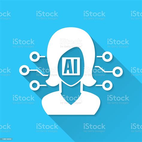 여성의 얼굴을 가진 인공 지능 Ai 파란색 배경에 아이콘 긴 그림자가 있는 평면 디자인 3차원 형태에 대한 스톡 벡터 아트 및 기타 이미지 Istock