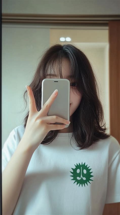 평범한 한국 소녀가 거울앞에 서서 자신의 아이폰6로 얼굴을 살짝 가려놓은 듯한 셀카를 찍고 있는 사진으로 흰색 티셔츠를 입고 카메라에 평화의 제스처를 보이고 있습니다