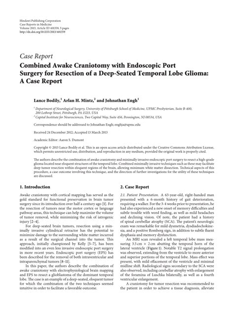 Pdf Combined Awake Craniotomy With Endoscopic Port Surgery For Resection Of A Deep Seated