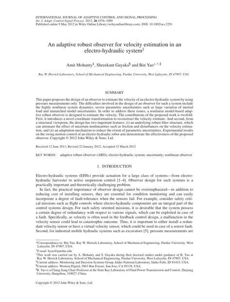 Pdf An Adaptive Robust Observer For Velocity Estimation In An Electro‐hydraulic System