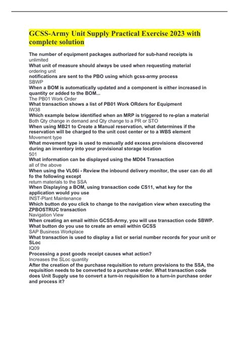gcss army unit supply practical exercise 2023 with complete solution