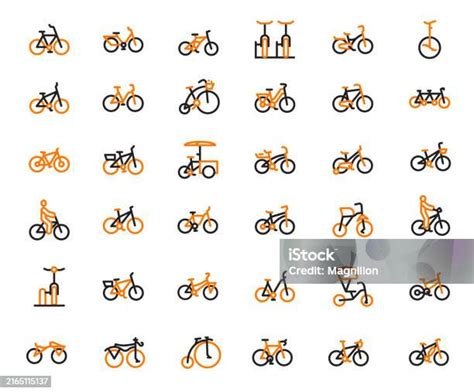 자전거 유형 아이콘 블랙 오렌지 세트 편집 가능한 스트로크 벡터 일러스트 레이 션 2인승 자전거에 대한 스톡 벡터 아트 및 기타