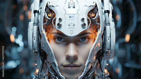 Connection Of Human Woman And Artificial Intelligence Robot The Concept Of Merging A Person And