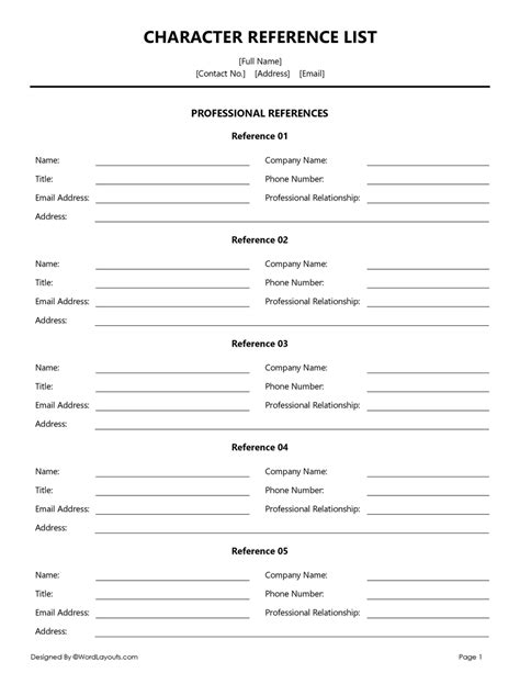 Character Reference List Template Editable Word Gdocs