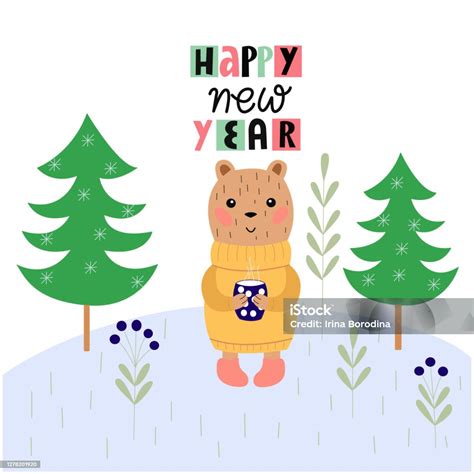 어린이 일러스트 레이션 차와 비문의 무프와 귀여운 만화 곰 새해 복 많이 받으십 엽서 포스터 인쇄물 노트북 커버 포장지 의 디자인을 위해 엽서에 대한 스톡 벡터 아트 및
