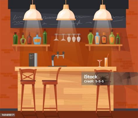 만화 펍 카운터 카페 또는 나이트 클럽 내부의 바 인테리어 바텐더 테이블 클로즈업 선반에 알코올 음료 주류 와인 바툴 카페
