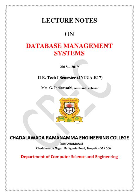 Dbms Lecture Notes Lecture Notes On Database Management Systems 2018 2019 Ii B Tech I