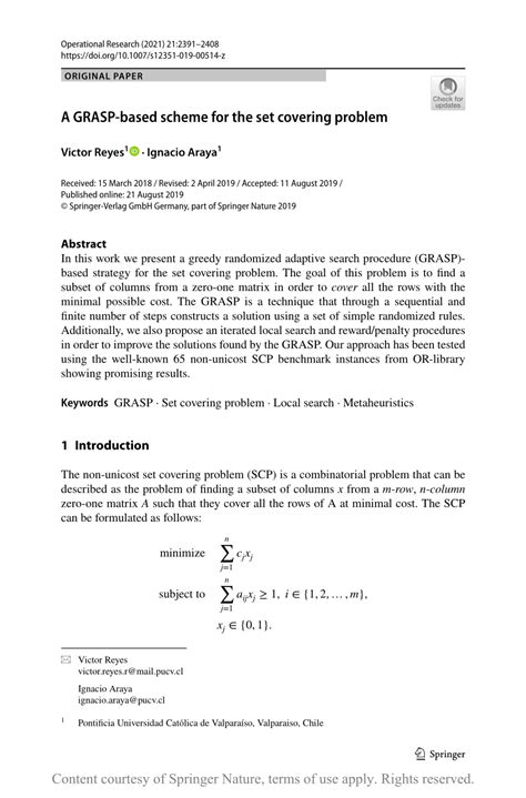 A Grasp Based Scheme For The Set Covering Problem Request Pdf