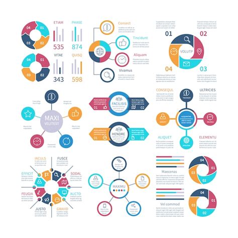 Infographic 디자인 원형 차트 및 단계 원형 다이어그램 텍스트 레이아웃 막대 그래프 및 막대 그래프 인포 그래픽 설정 프리미엄 벡터