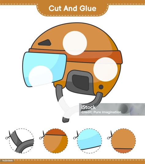 자르고 붙이고 하키 헬멧의 일부를 자르고 접착제를 붙입니다 교육 어린이 게임 인쇄 가능한 워크 시트 벡터 일러스트 레이 션 0