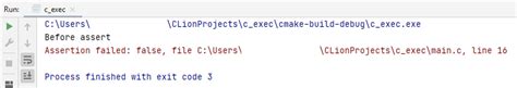 C Assert Rundebug Aborts But No Output Shows Output When Exe Ran In