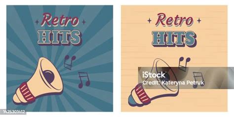 복고풍 음악 포스터 스피커 메모 레터링이있는 빈티지 배경 세트 캘리그래피 텍스트 배너 전단지 플래 카드 디스코 파티 축제 초대장