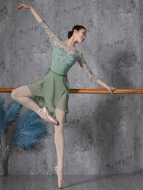 フラワーメッシュ ロングスリーブ Uネックバレエレオタード グリーン） バレエショップsnowflake Ballerina
