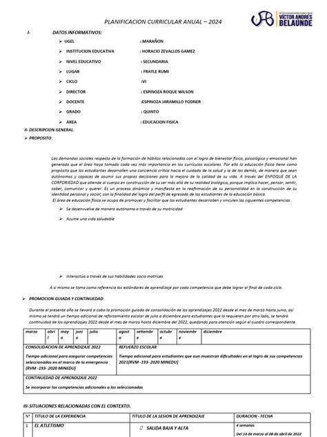 Planificacion Curricular Anual 2024 Yodner Pdf Aprendizaje Evaluación