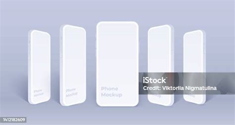 줄지어 서있는 흰색 전화 모형 클레이 모바일 스마트 폰은 보라색 배경에 고립 된 빈 화면으로 설정됩니다 앱 디자인 프리젠 테이션