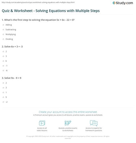 Quiz And Worksheet Solving Equations With Multiple Steps