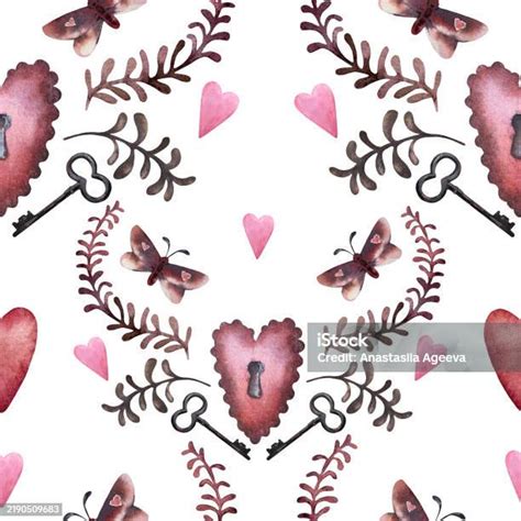 발렌타인 데이 하트 자물쇠 열쇠 나비 나뭇가지와 같은 완벽 한 패턴 장식은 수채화로 손으로 그려져 있습니다 직물 및 포장지 디자인용 공휴일에 대한 스톡 벡터 아트 및 기타