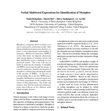 Verbal Multiword Expressions For Identification Of Metaphor Acl Anthology