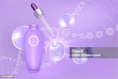 미용 제품 광고 디자인 사용할 준비가 된 히알루론산 콜라겐 솔루션 광고 배경이 있는 보라색 화장품 용기 고급 스킨케어 배너 그림 벡터 Dna에 대한 스톡 벡터 아트 및 기타