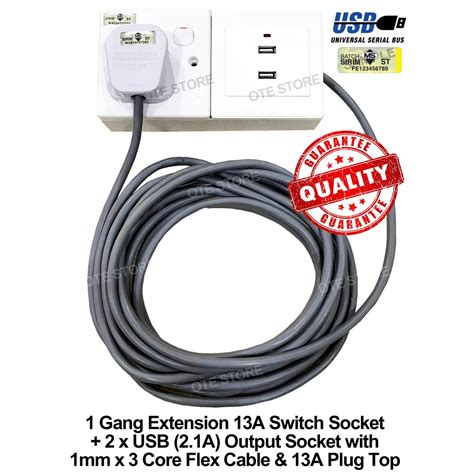 Extension 13A Switches Socket 2 X USB 2 1A Socket C W 1mm X 3C PVC Flex Wire Plug Top Sirim