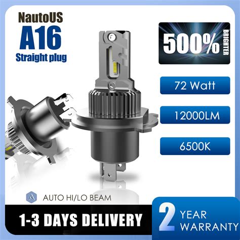 Nautous Straight Plug Fanless Led Headlight Bulbs 72w 12000lm H4 Hilo