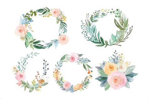 수채화 꽃 그림 꽃다발 세트 컬렉션 녹색 홍당무 파란색 노란색 분홍색 프레임 테두리 화환 프레임 장식 꽃 요소 템플릿 평면 만화 그림 흰색 배경에 고립 프리미엄 벡터