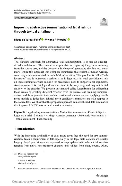Improving Abstractive Summarization Of Legal Rulings Through Textual Entailment Request Pdf