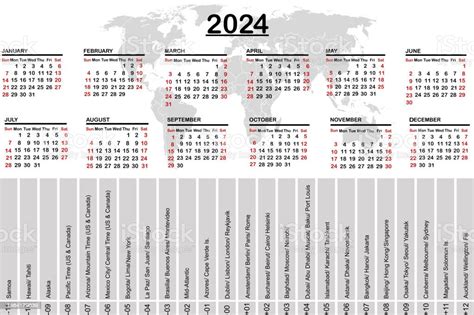 2024 Calendar With World Map And Time Zones Stock Illustration