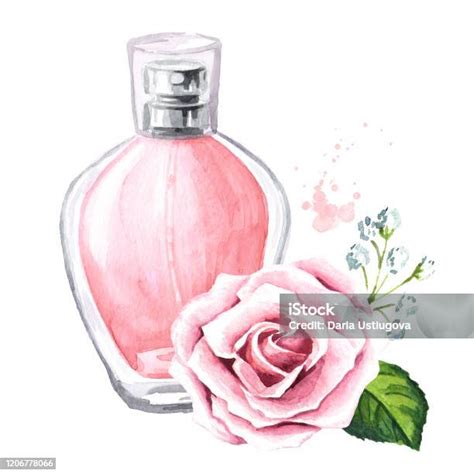 향수 병과 장미 꽃입니다 뷰티 컨셉 손으로 그린 수채화 수평 그림 흰색 배경에 격리 0명에 대한 스톡 벡터 아트 및 기타 이미지 0명 결정체 드로잉 Istock