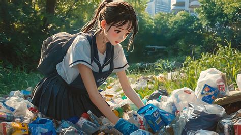 Anime Girl Picking Up Trash In A Park Premium Ai Generated Image