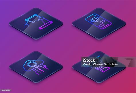 설정 등계 선 산업 기계 로봇 로봇 팔 손 공장 사물 인터넷 봇 및 무인 항공기 배달 개념 파란색 정사각형 버튼 벡터 3차원