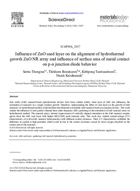 Pdf Influence Of Zno Seed Layer On The Alignment Of Hydrothermal Growth Zno Nr Array And