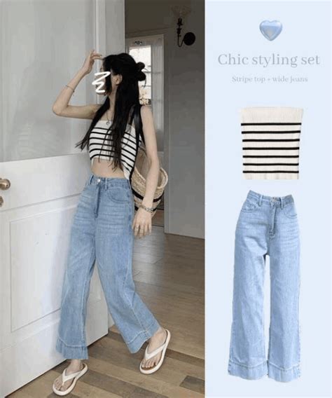 ~4xl 잔느 스트라이프 나시 탑 연청 데님 와이드 팬츠 투피스 세트 에이블리