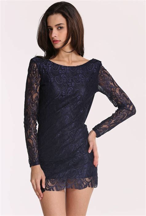 Blue Long Sleeve Lace Backless Bodycon Dress Sheinsheinside