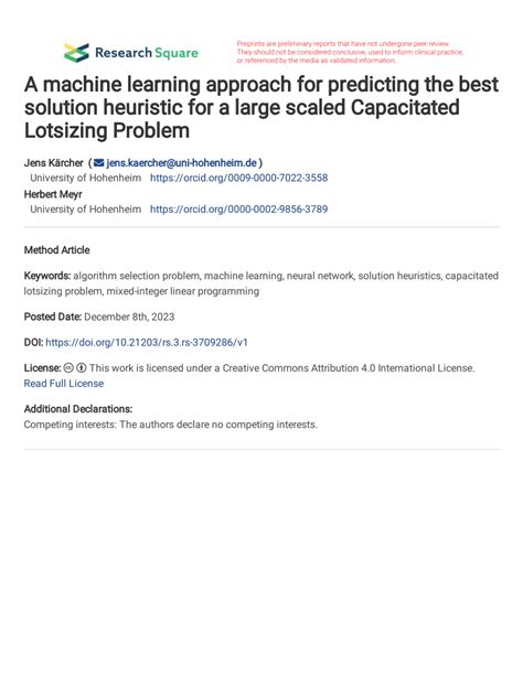 Pdf A Machine Learning Approach For Predicting The Best Solution Heuristic For A Large Scaled